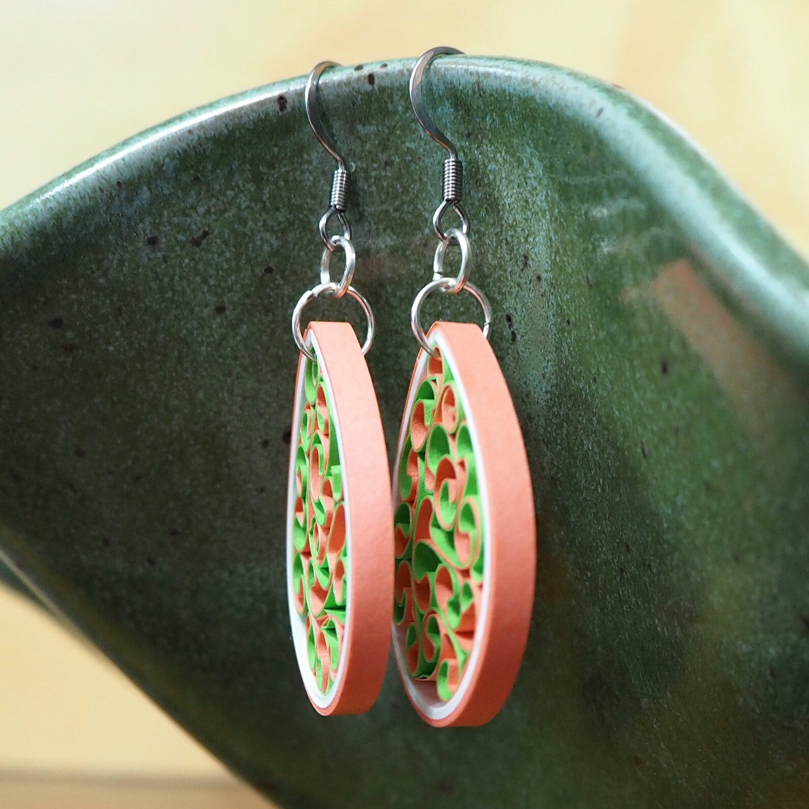 Coral & Lime Green Paper Quilling Honeycomb Earrings First - Etsy