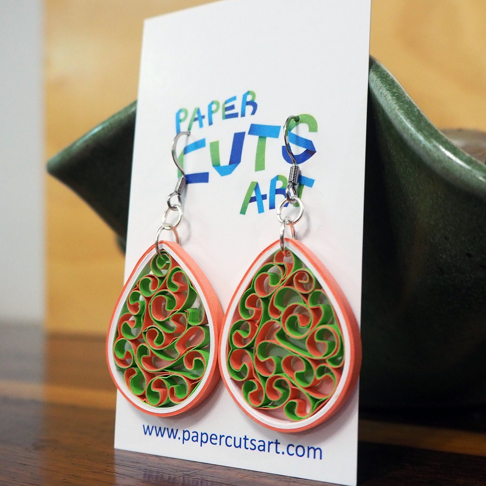 Coral & Lime Green Paper Quilling Honeycomb Earrings First - Etsy