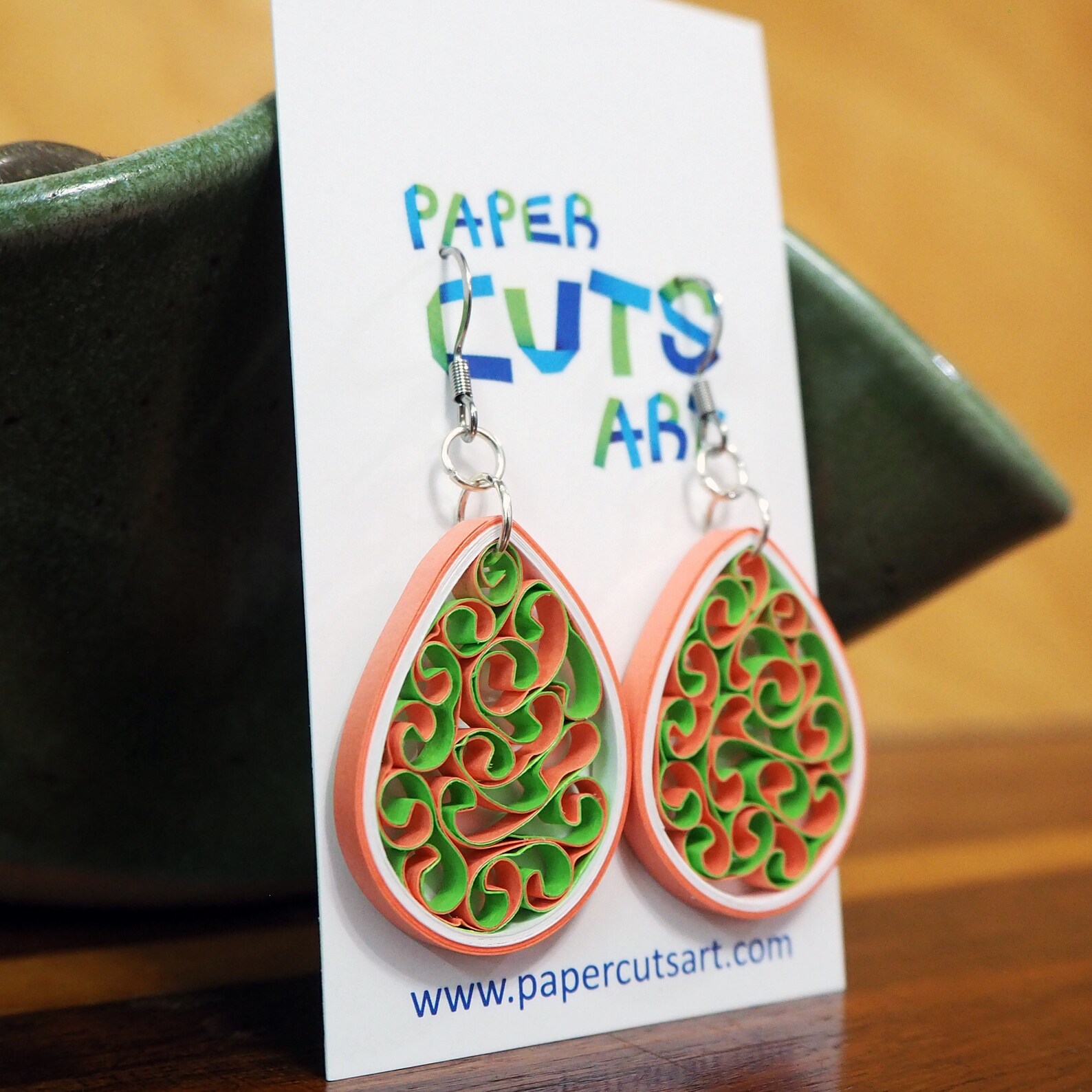 Coral & Lime Green Paper Quilling Honeycomb Earrings First - Etsy