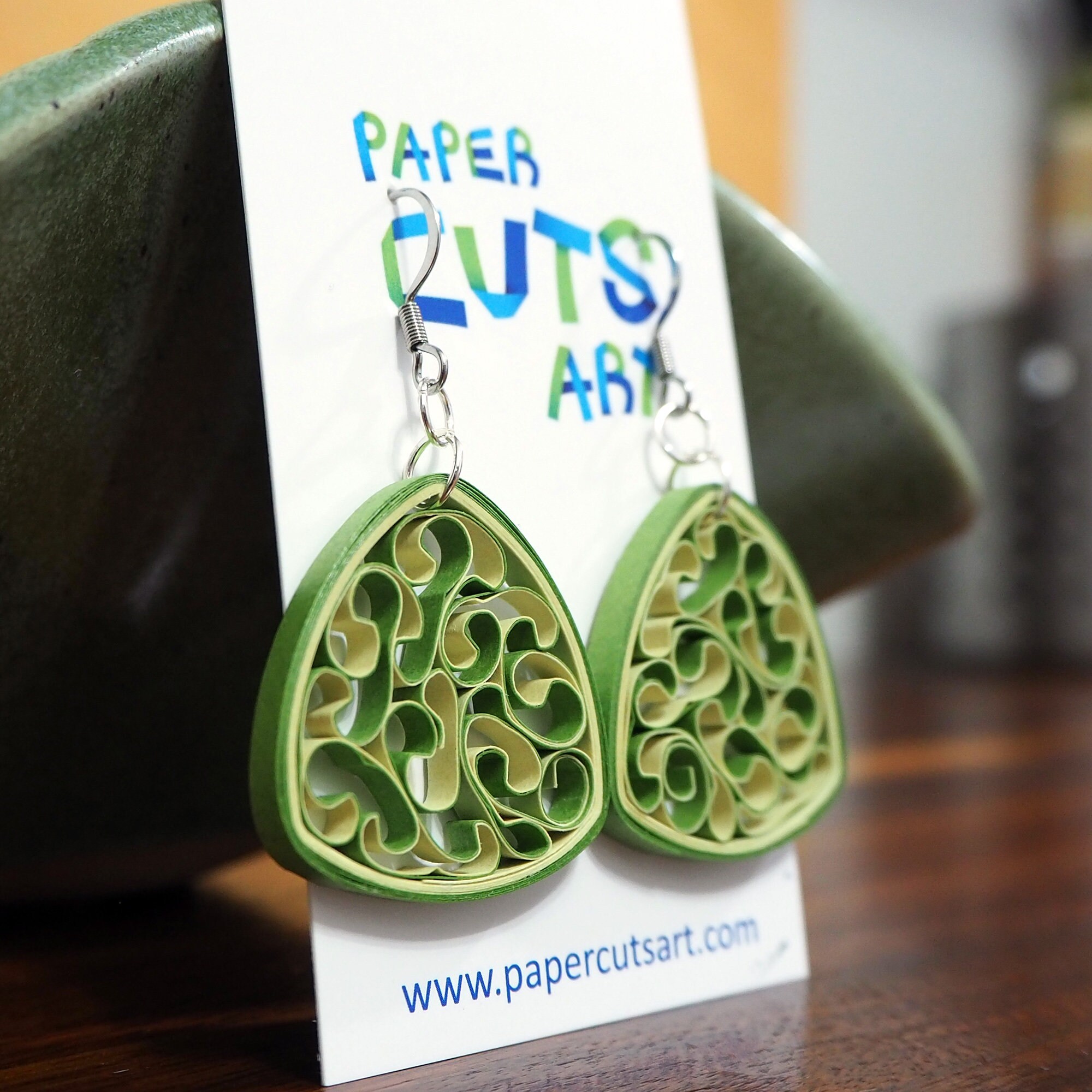 Triangle Shades of Green Paper Quilled Honeycomb Earrings | First Paper ...