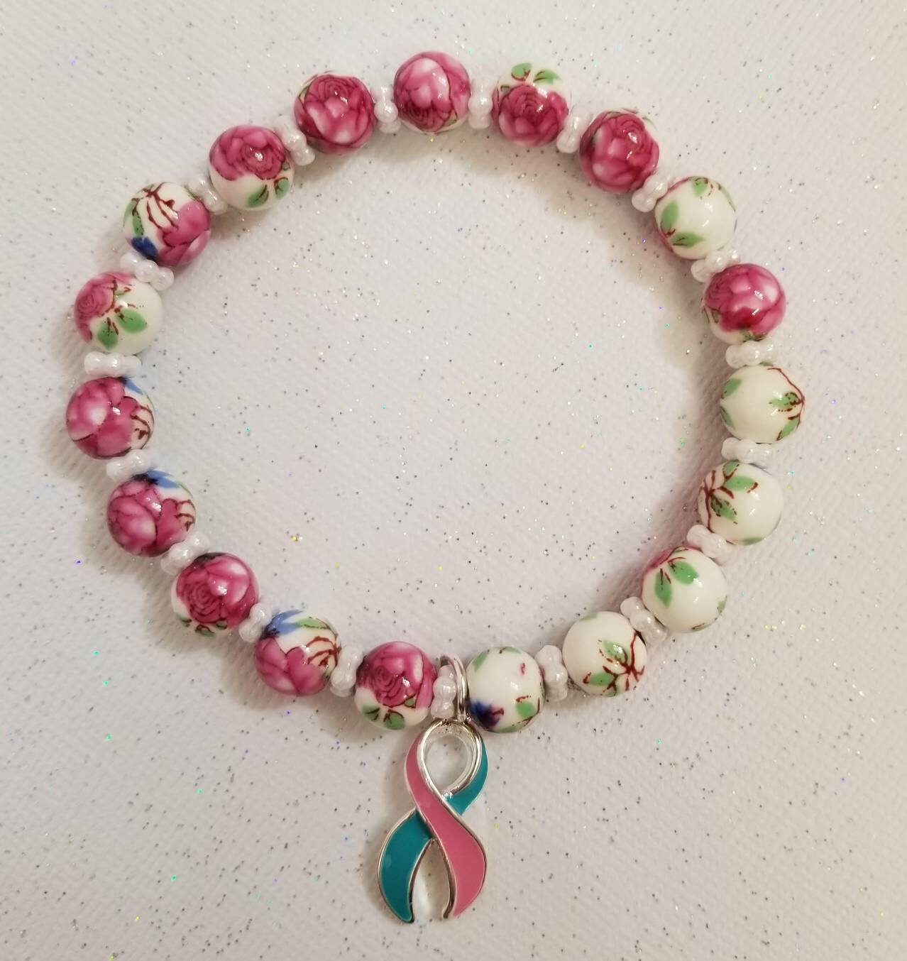 Stretch Pink and Blue Awareness Ribbon Bracelet Flower Beads - Etsy