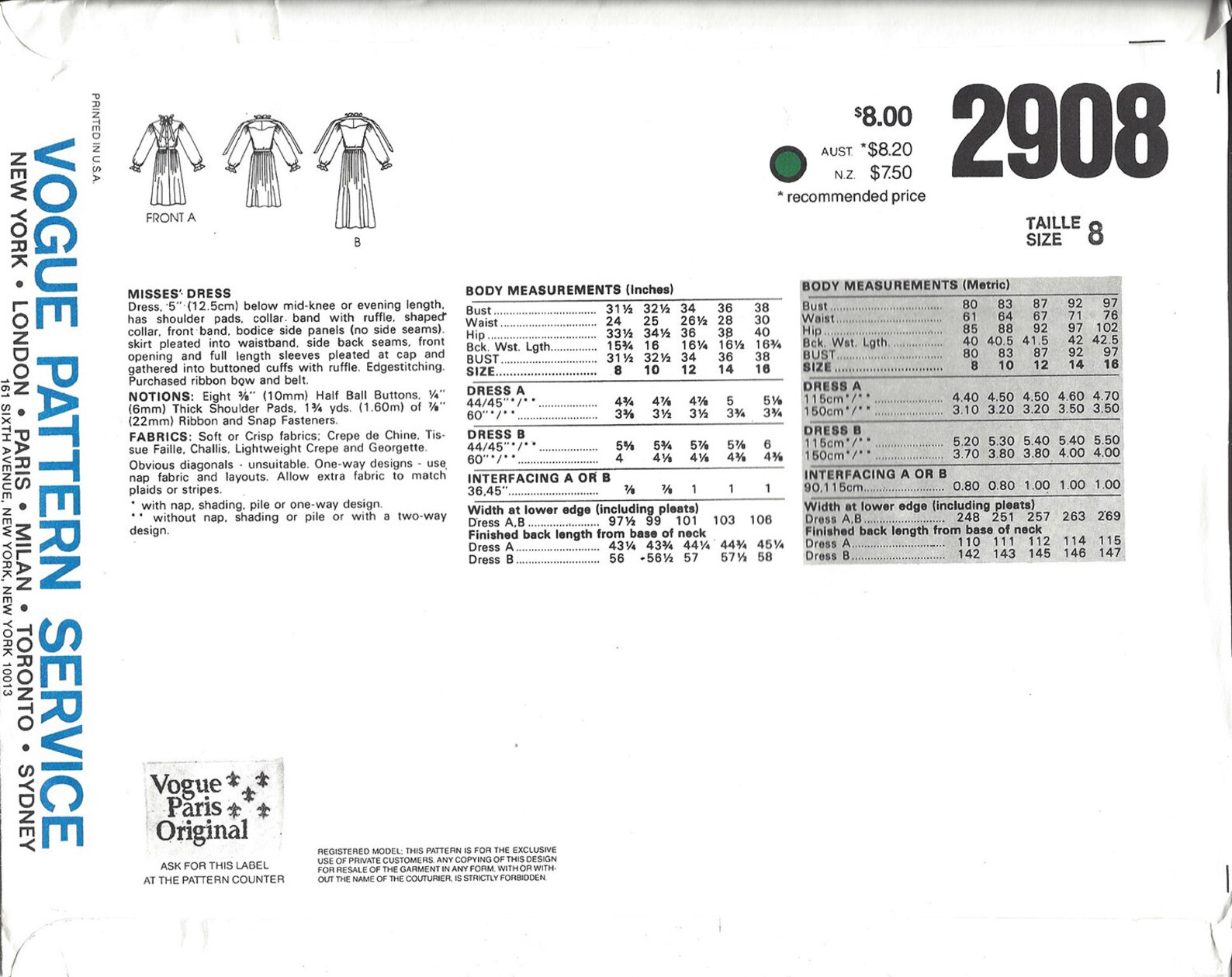 Vogue Vintage Sewing Pattern 2908 Paris Original Emanuel Ungaro Circa ...