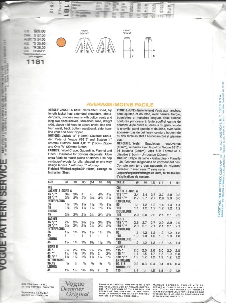 VINTAGE Vogue Patterns 1181 International Designer Odile Lancon 1993 ...