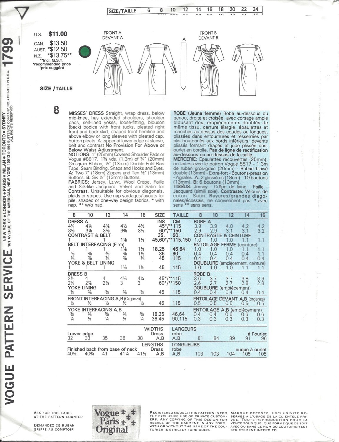 Vintage EMANUEL UNGARO Vogue Patterns 1799 Paris Original Vintage 1986 ...
