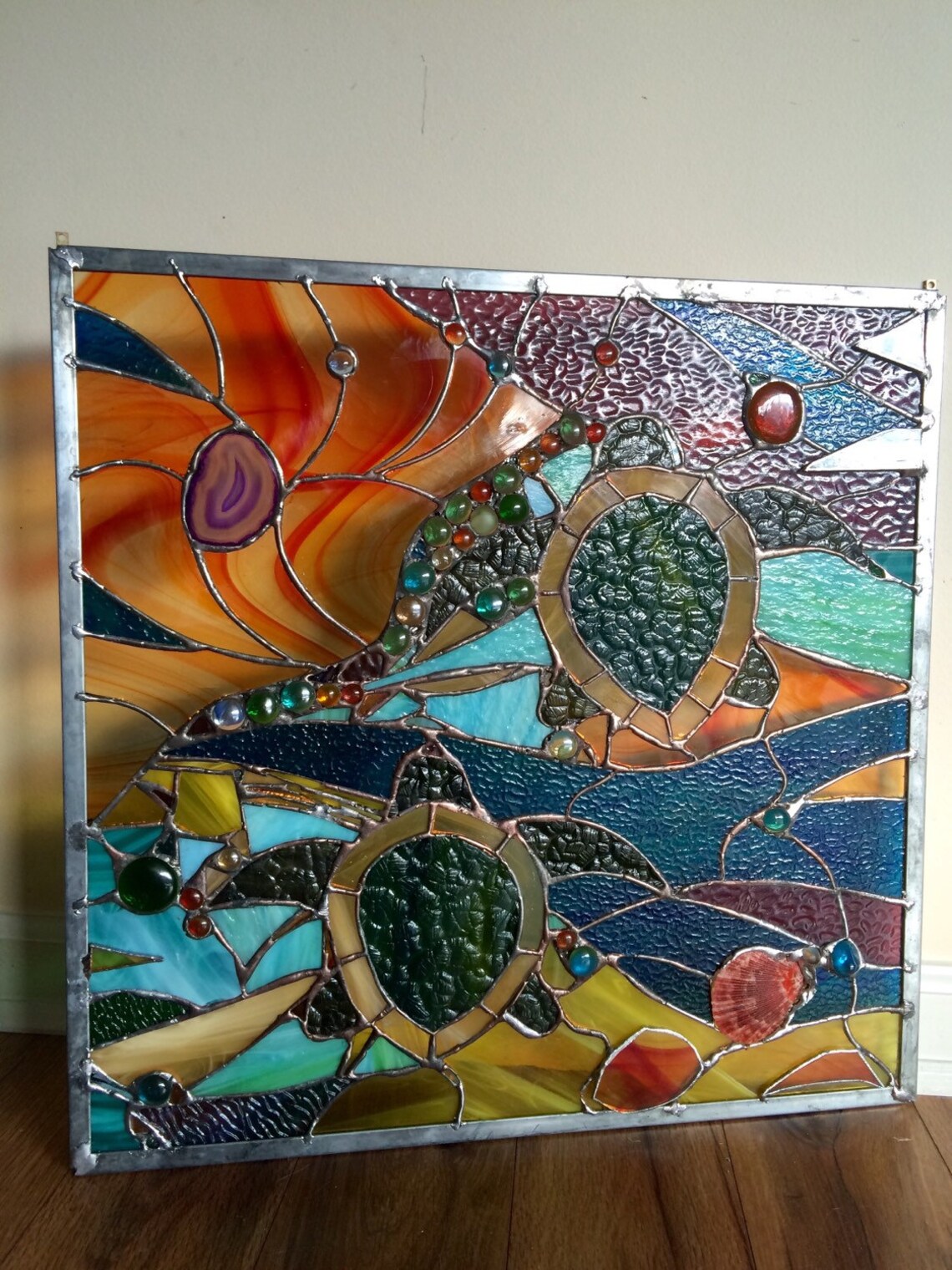 Stained Glass Sea Turtles Window Transom Panel W Agates OOAK - Etsy