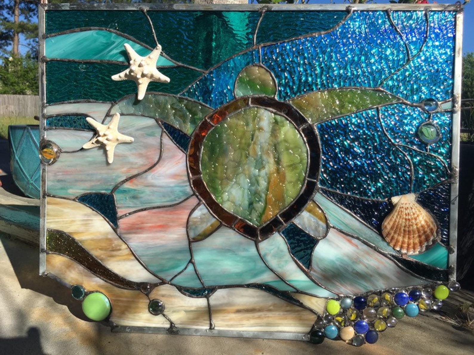 Sea Turtles Stained Glass Window Transom Panel W Starfish - Etsy