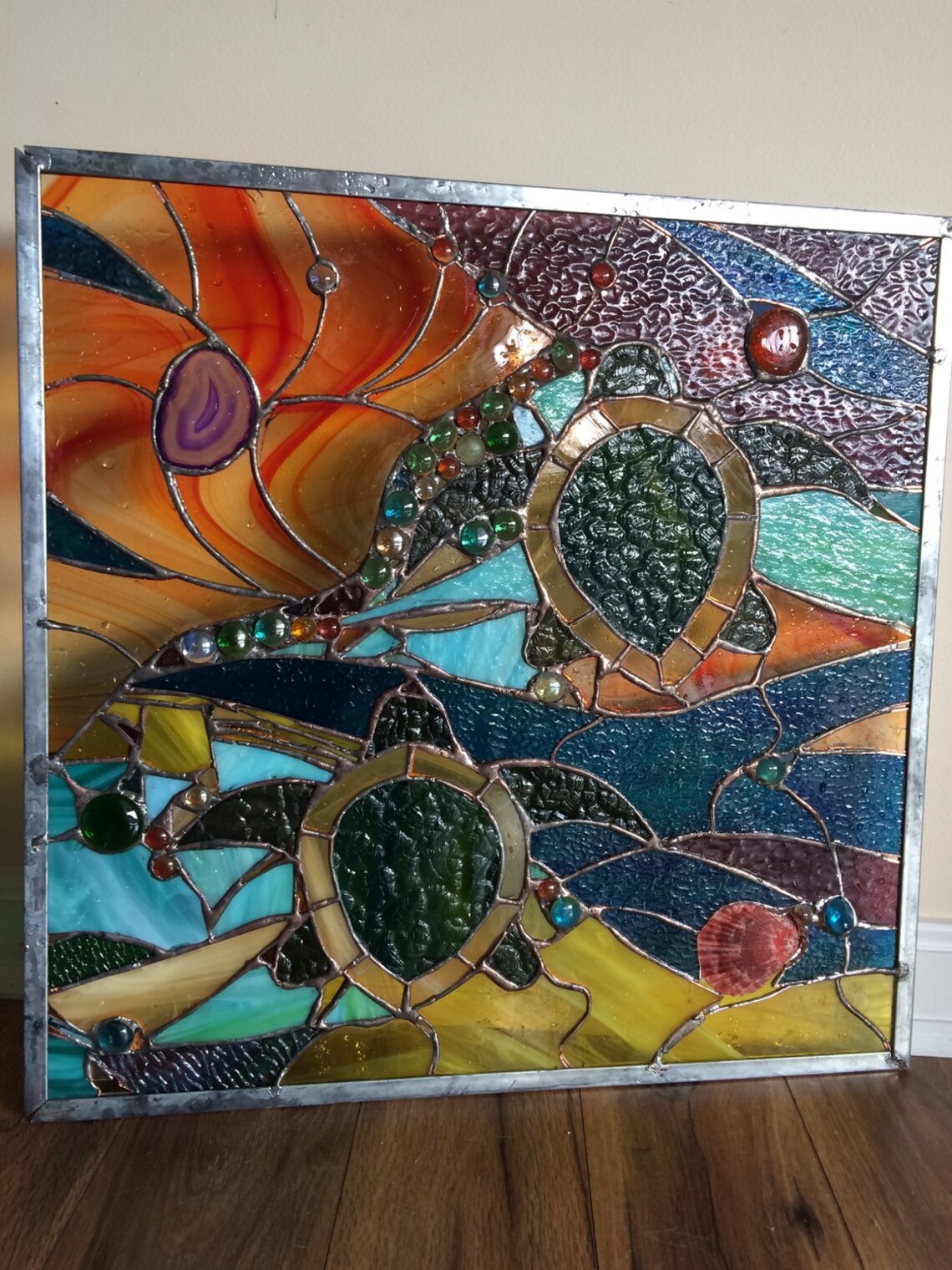 Stained Glass Sea Turtles Window Transom Panel W Agates OOAK - Etsy
