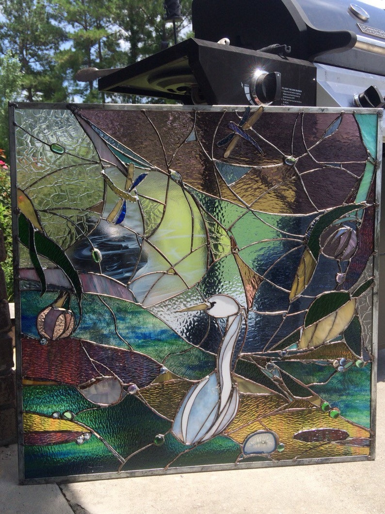 Stained Glass Window Egret Marsh Transom Panel W Agates - Etsy