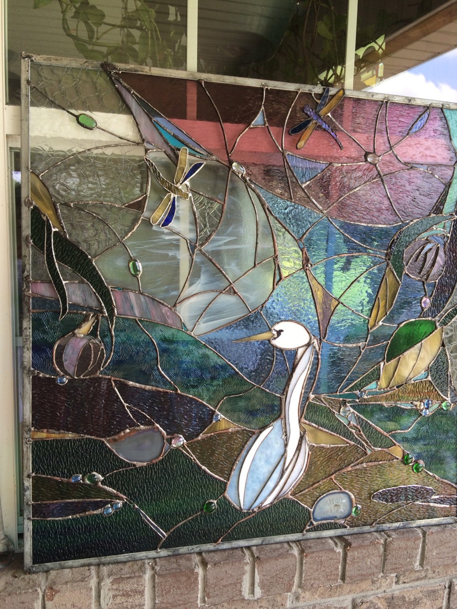 Stained Glass Window Egret Marsh Transom Panel W Agates - Etsy