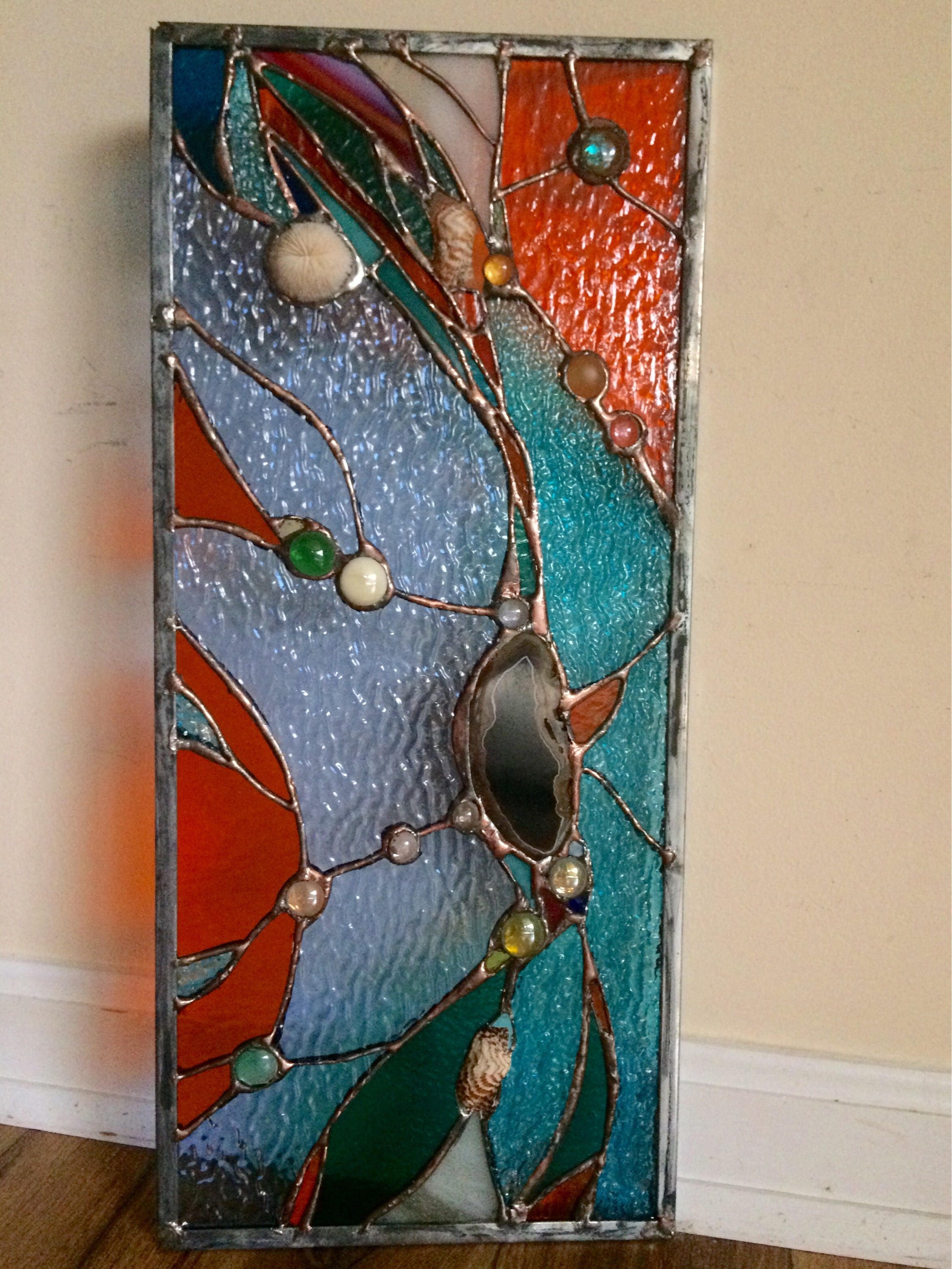 Stained Glass Panel Ocean Sea Shells Brazilian Agates OOAK - Etsy