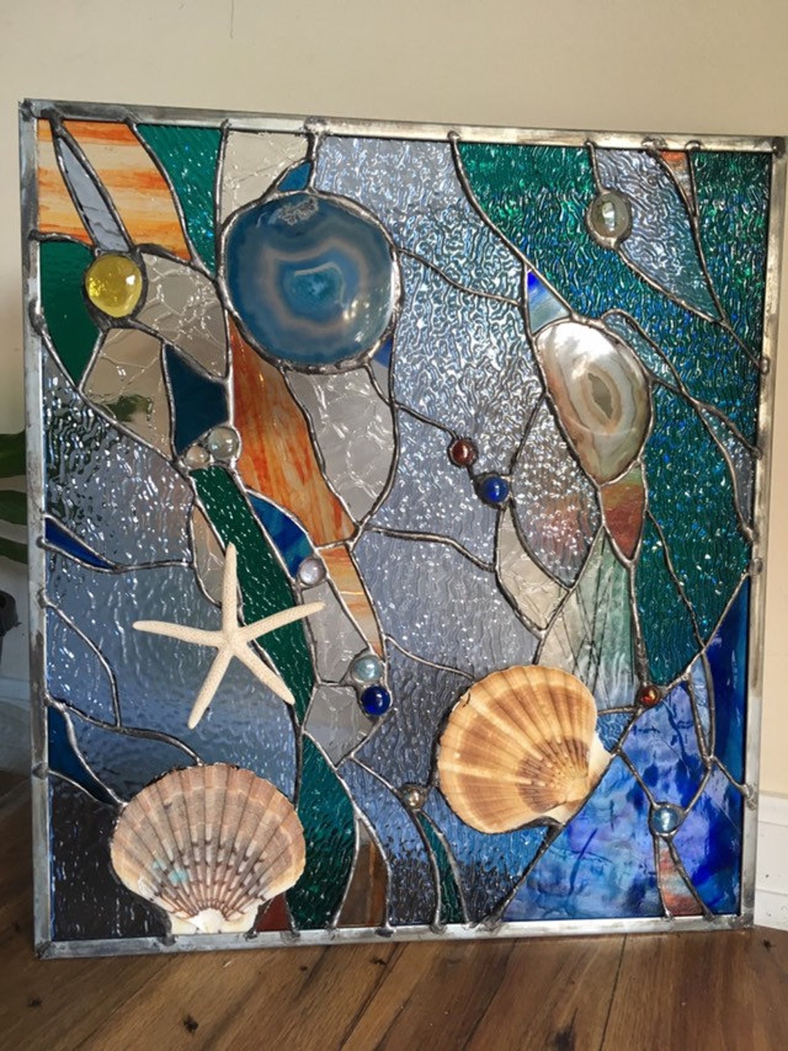 Stained Glass Panel Ocean Sea Shell Window Suncatcher 15x18 - Etsy