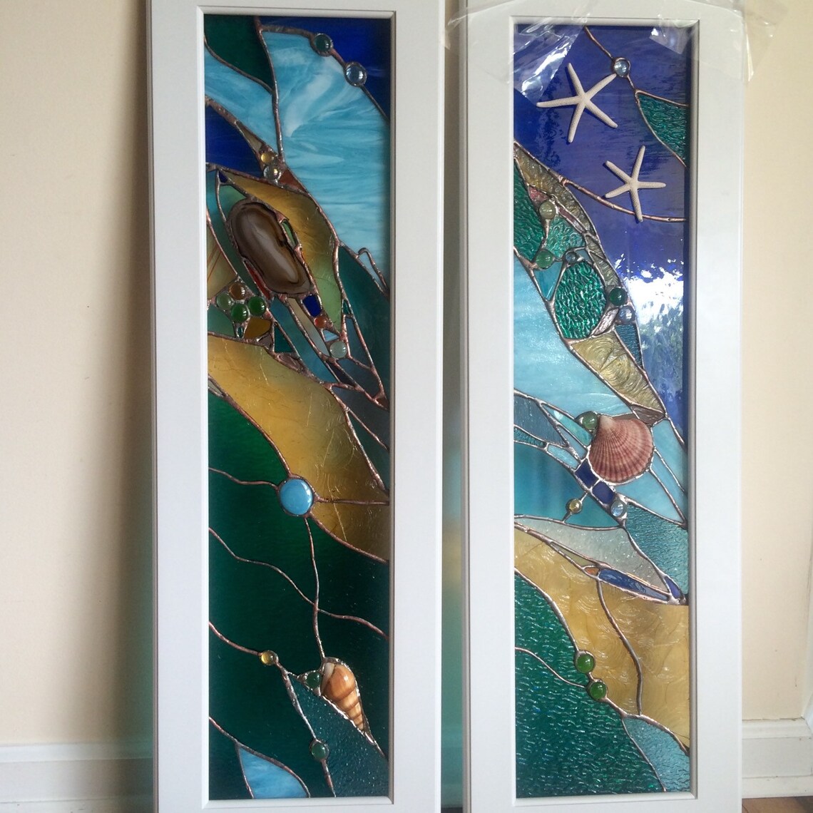 Stained Glass Panels Kitchen Cabinets Inserts With Sea Shells - Etsy