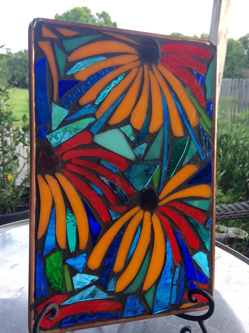 Stained Glass Mosaic Abstract Flowers Panel Window OOAK | Etsy