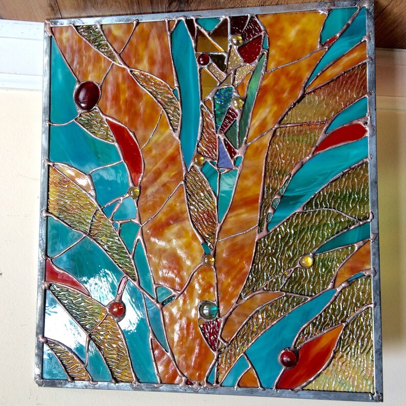 Stained Glass Panel Abstract Window Nuggets Suncatcher 15"x18" - Etsy