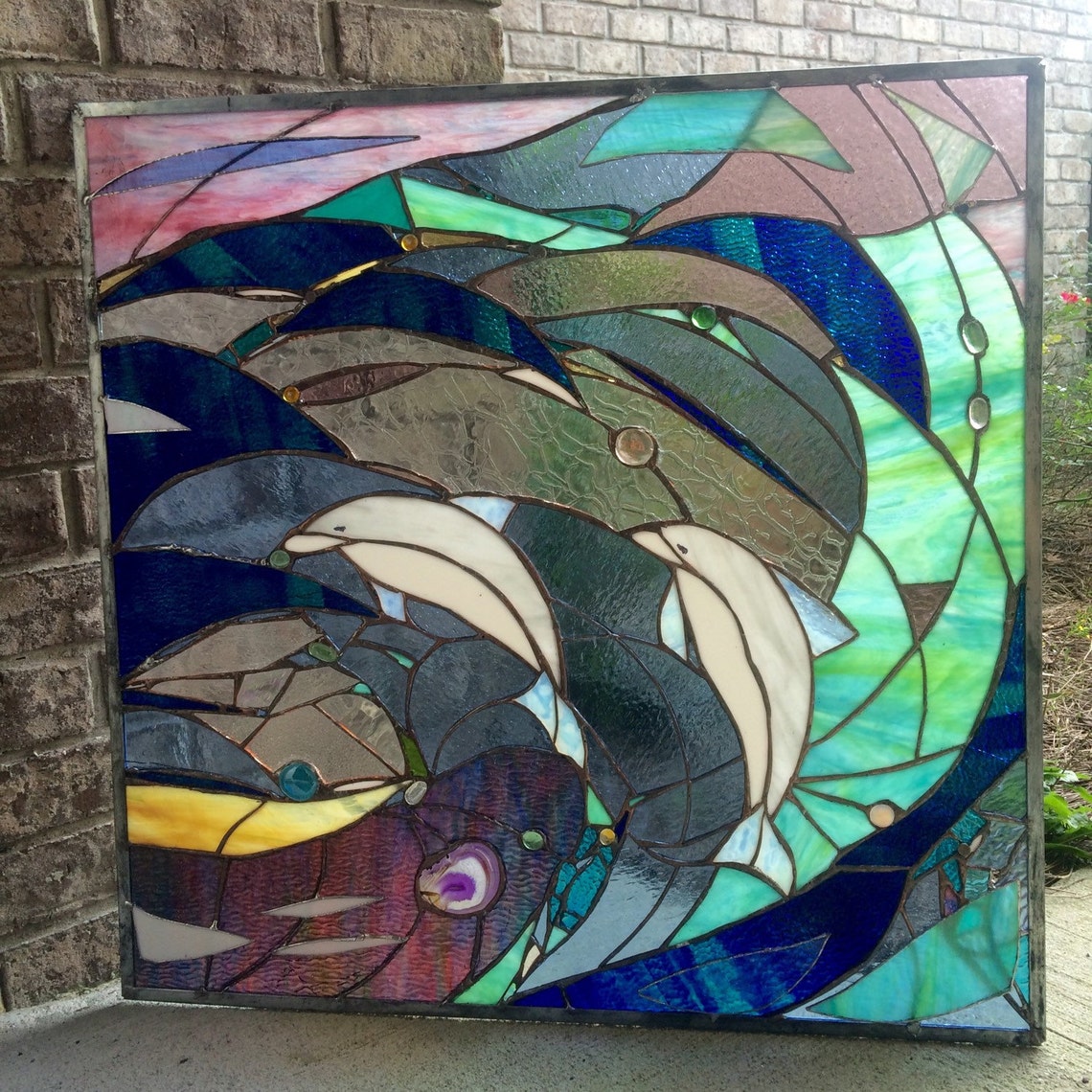 Stained Glass Dolphins Window Transom Panel W Agates OOAK - Etsy