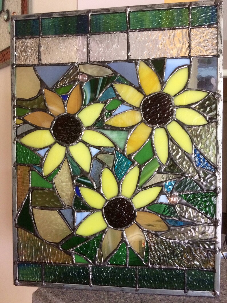Stained Glass Sunflower Window Transom Panel Autumn Suncatcher Etsy