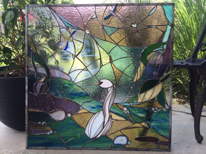 Stained Glass Window Egret Marsh Transom Panel W Agates - Etsy