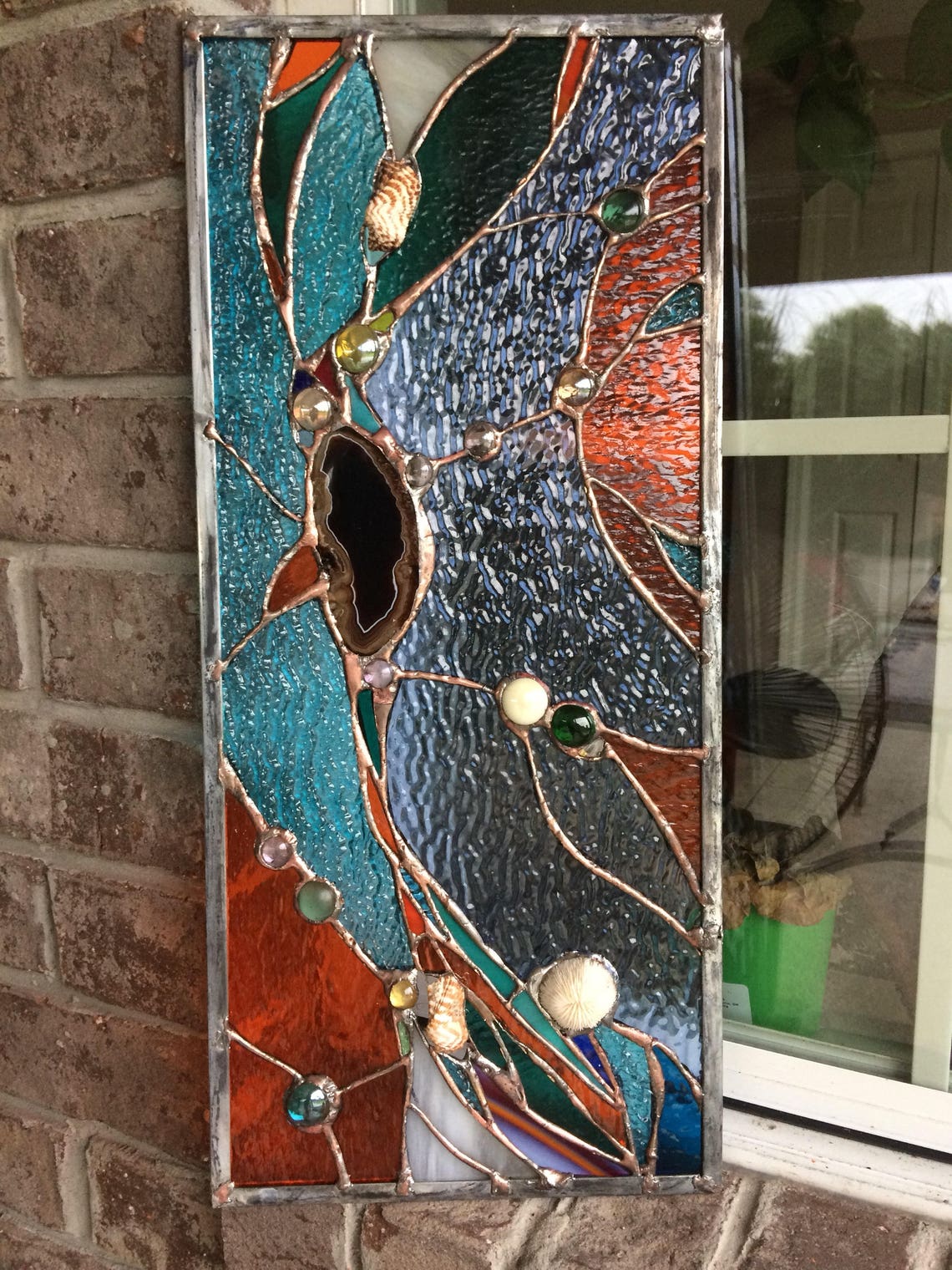 Stained Glass Panel Ocean Sea Shells Brazilian Agates OOAK - Etsy