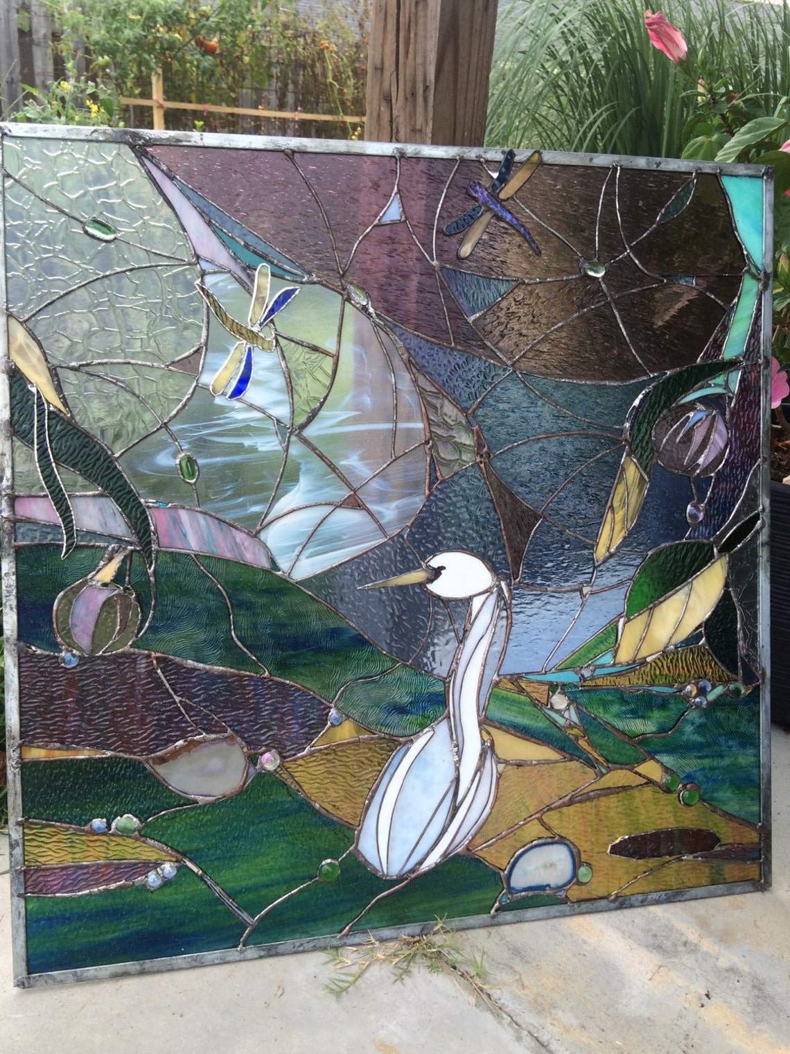 Stained Glass Window Egret Marsh Transom Panel W Agates - Etsy