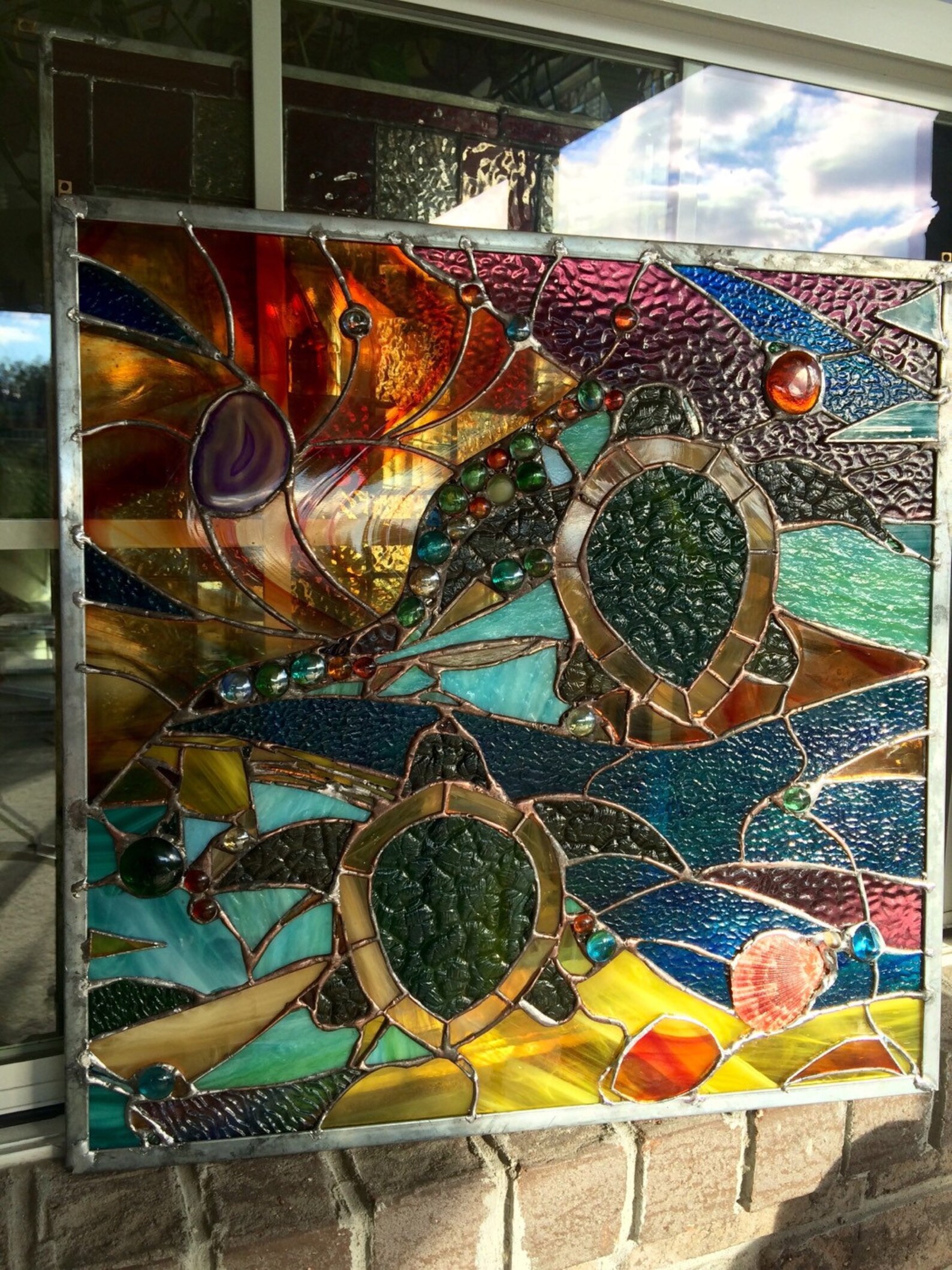 Stained Glass Sea Turtles Window Transom Panel W Agates OOAK - Etsy