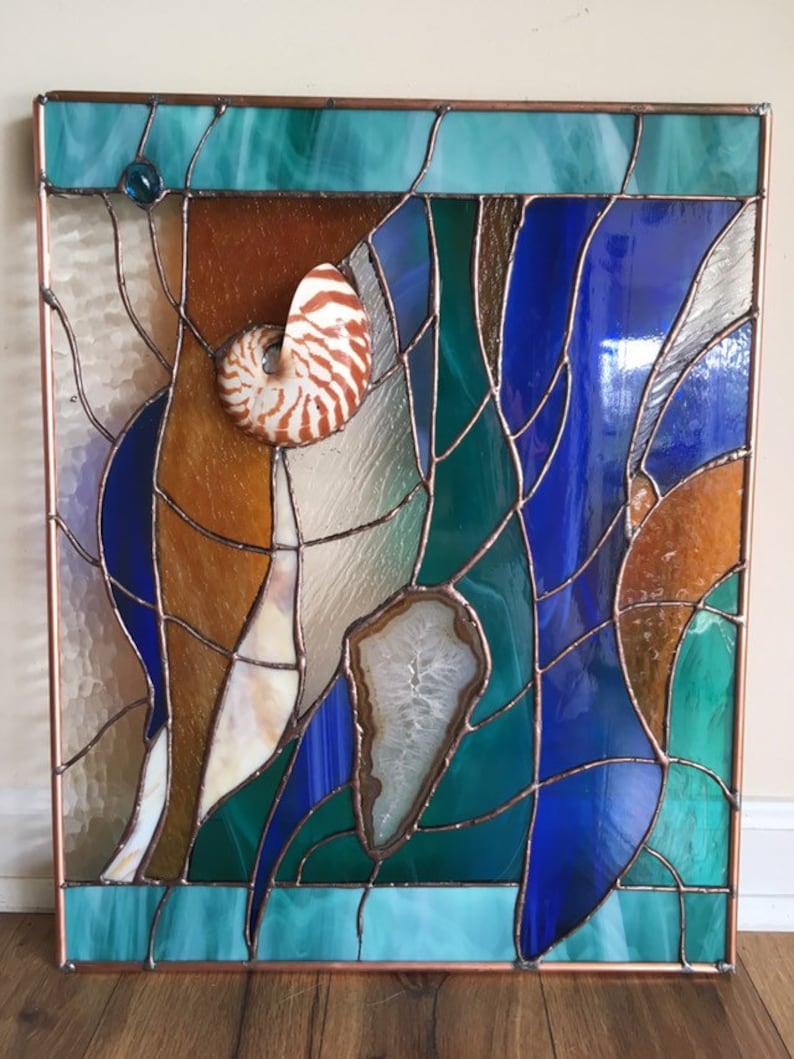 Stained Glass Tropical Fish Sea Shell Nuggets Suncatcher Nautical Panel ...