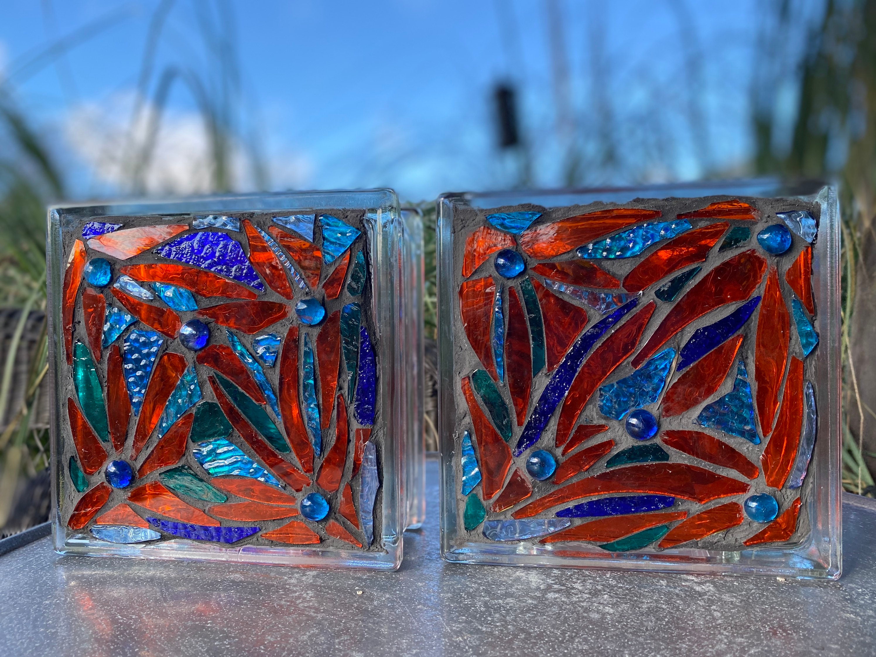 Stained Glass Mosaic Glass Block Decor Sculpture OOAK | Etsy