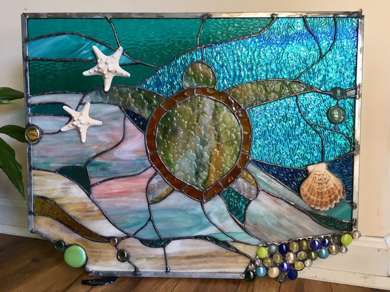 Sea Turtles Stained Glass Window Transom Panel W Starfish - Etsy