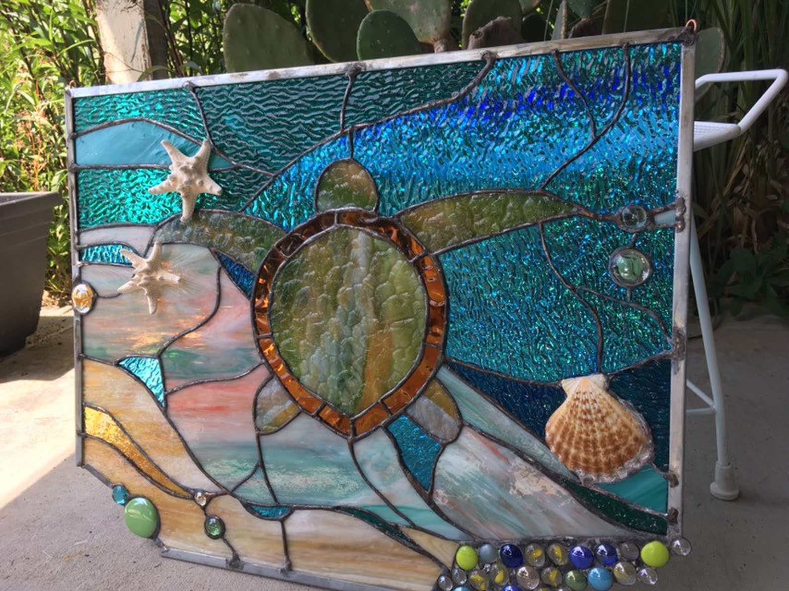 Sea Turtles Stained Glass Window Transom Panel W Starfish - Etsy