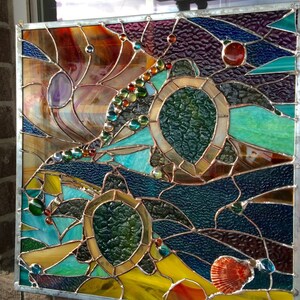 Stained Glass Sea Turtles Window Transom Panel W Agates OOAK - Etsy