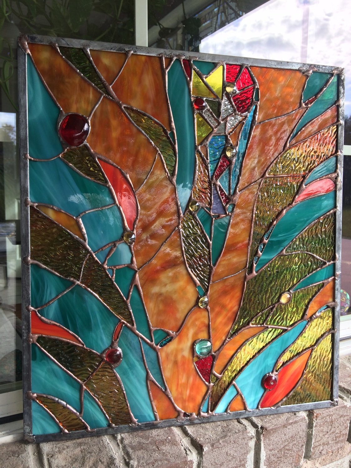 Stained Glass Panel Abstract Window Nuggets Suncatcher 15"x18" - Etsy