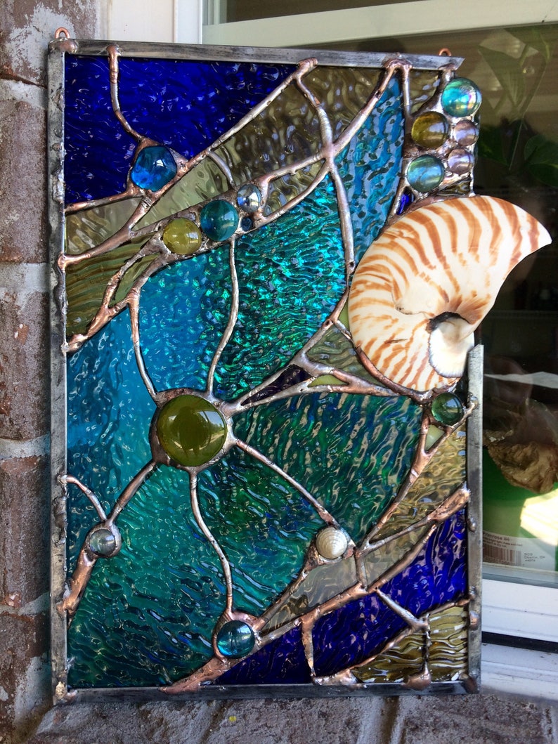 Stained Glass Nautilus Sea Shell Nuggets Suncatcher Ocean Panel 13x8 - Etsy