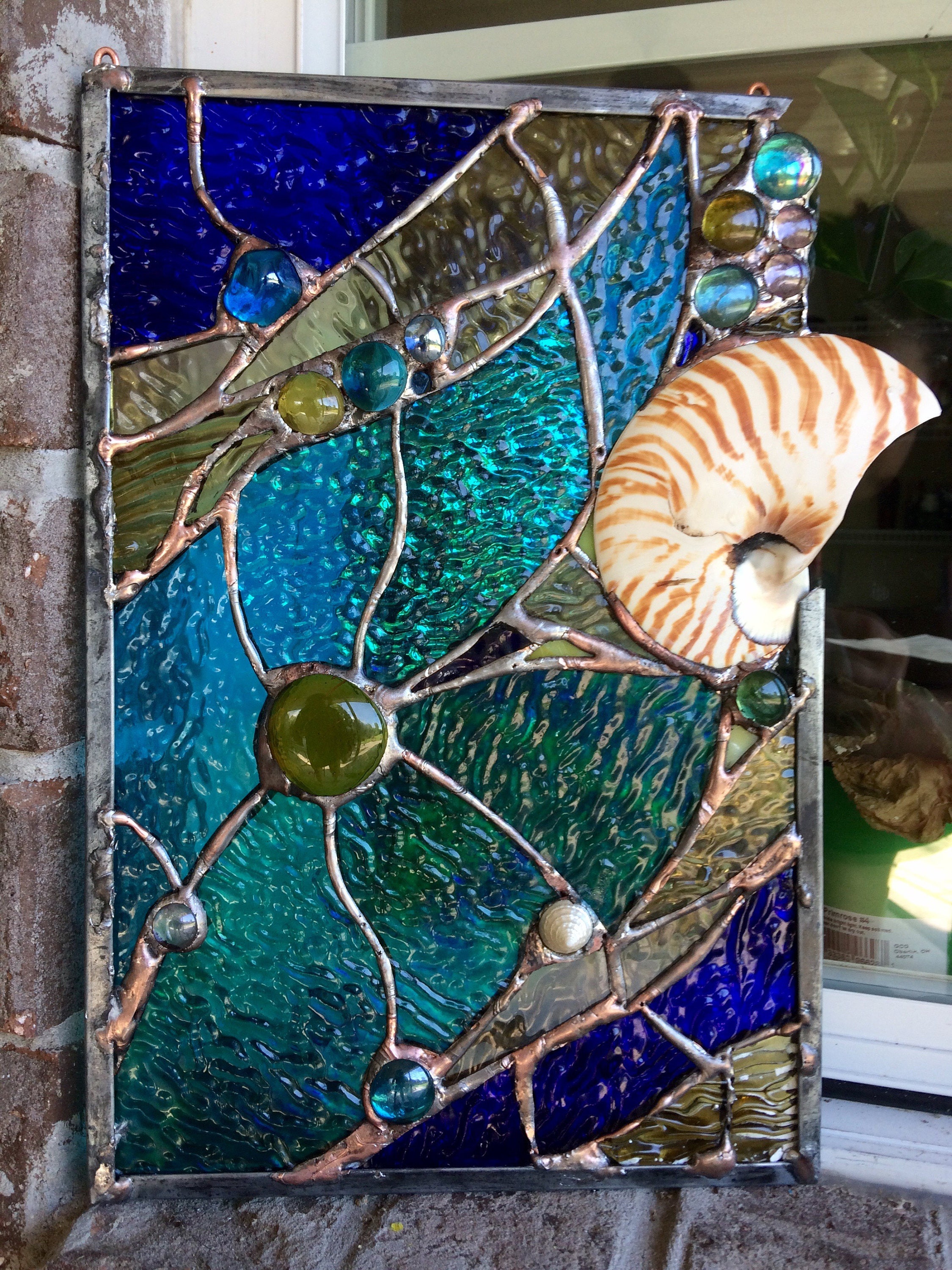 Stained Glass Nautilus Sea Shell Nuggets Suncatcher Ocean Panel 13x8 - Etsy