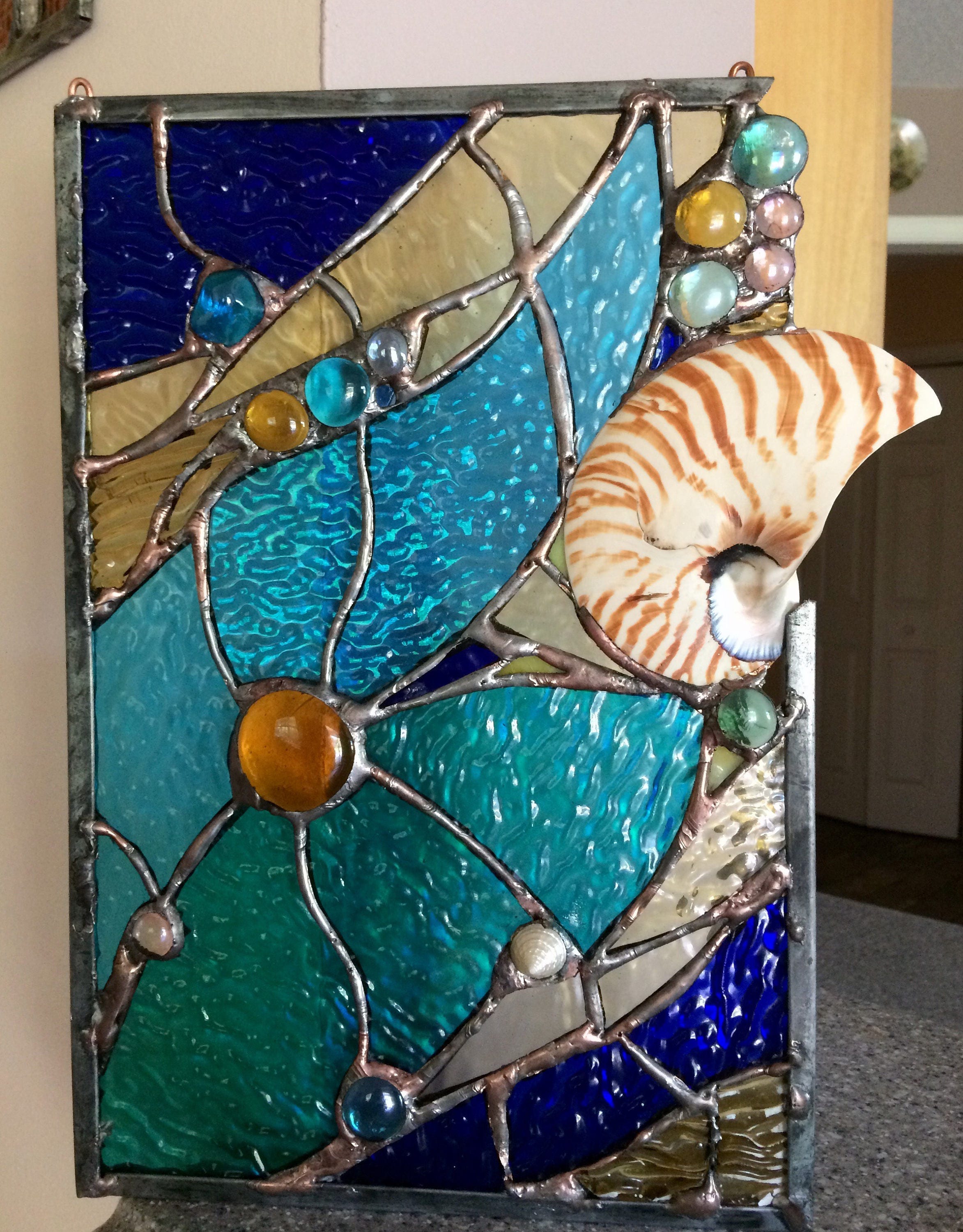Stained Glass Nautilus Sea Shell Nuggets Suncatcher Ocean Panel 13x8 - Etsy