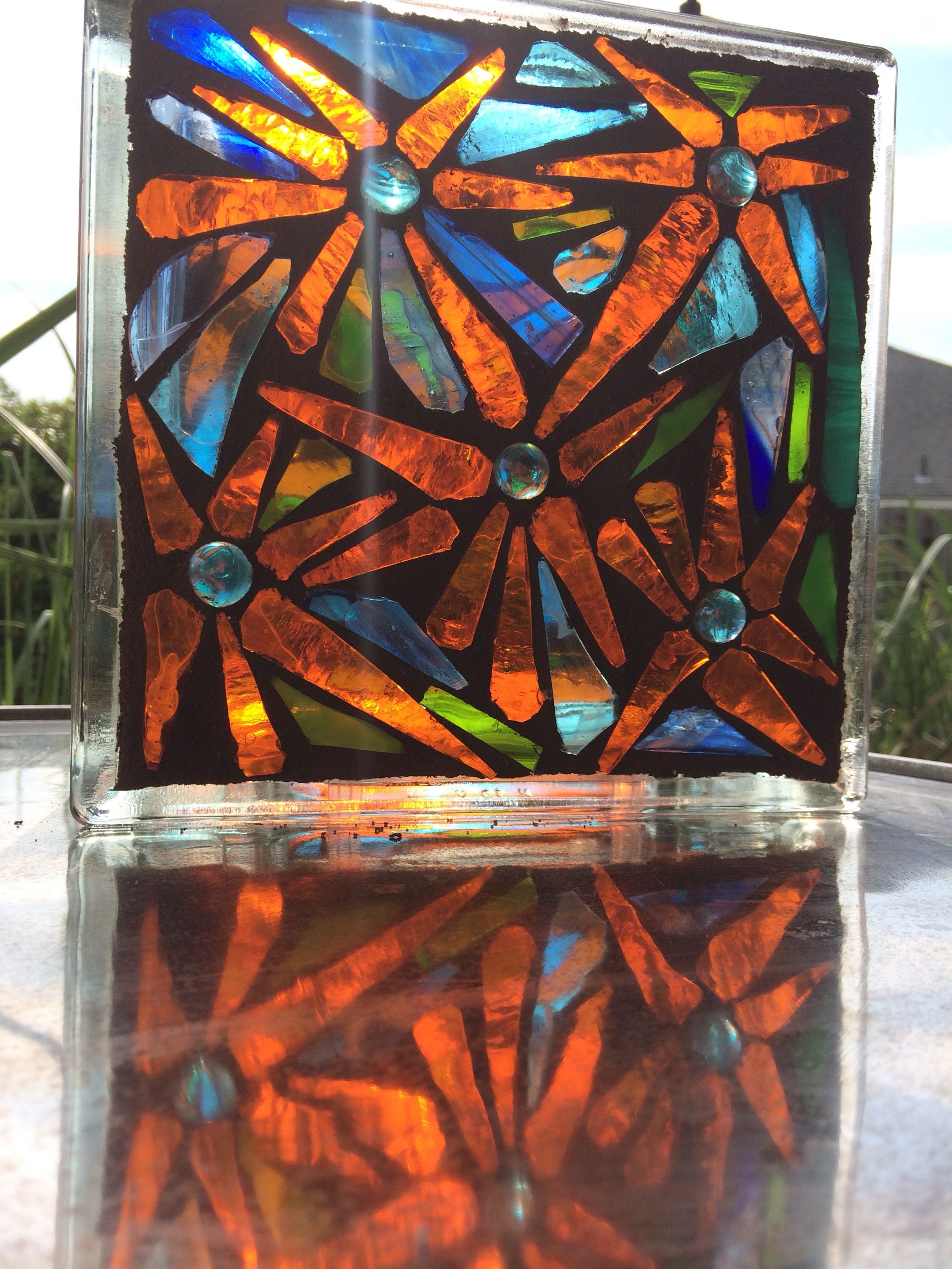 Stained Glass Mosaic Glass Block Decor Sculpture OOAK | Etsy
