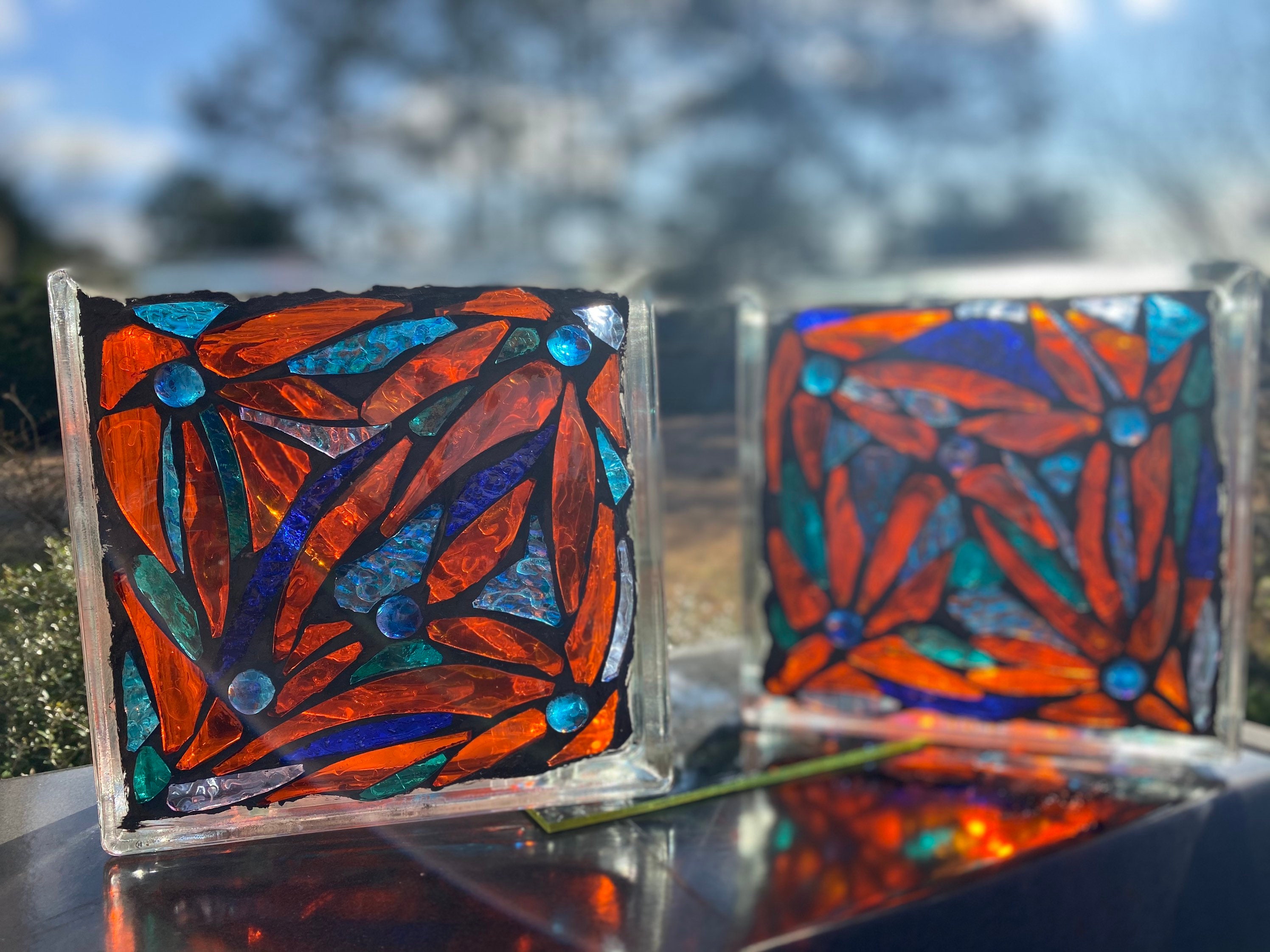 Stained Glass Mosaic Glass Block Decor Sculpture OOAK | Etsy