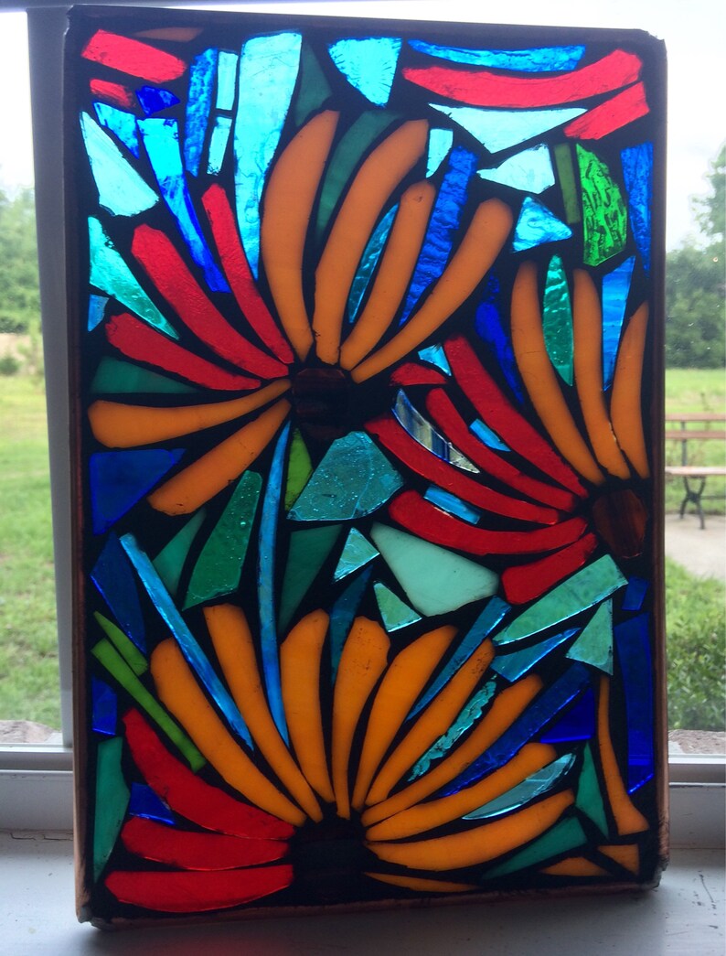 Stained Glass Mosaic Abstract Flowers Panel Window OOAK | Etsy