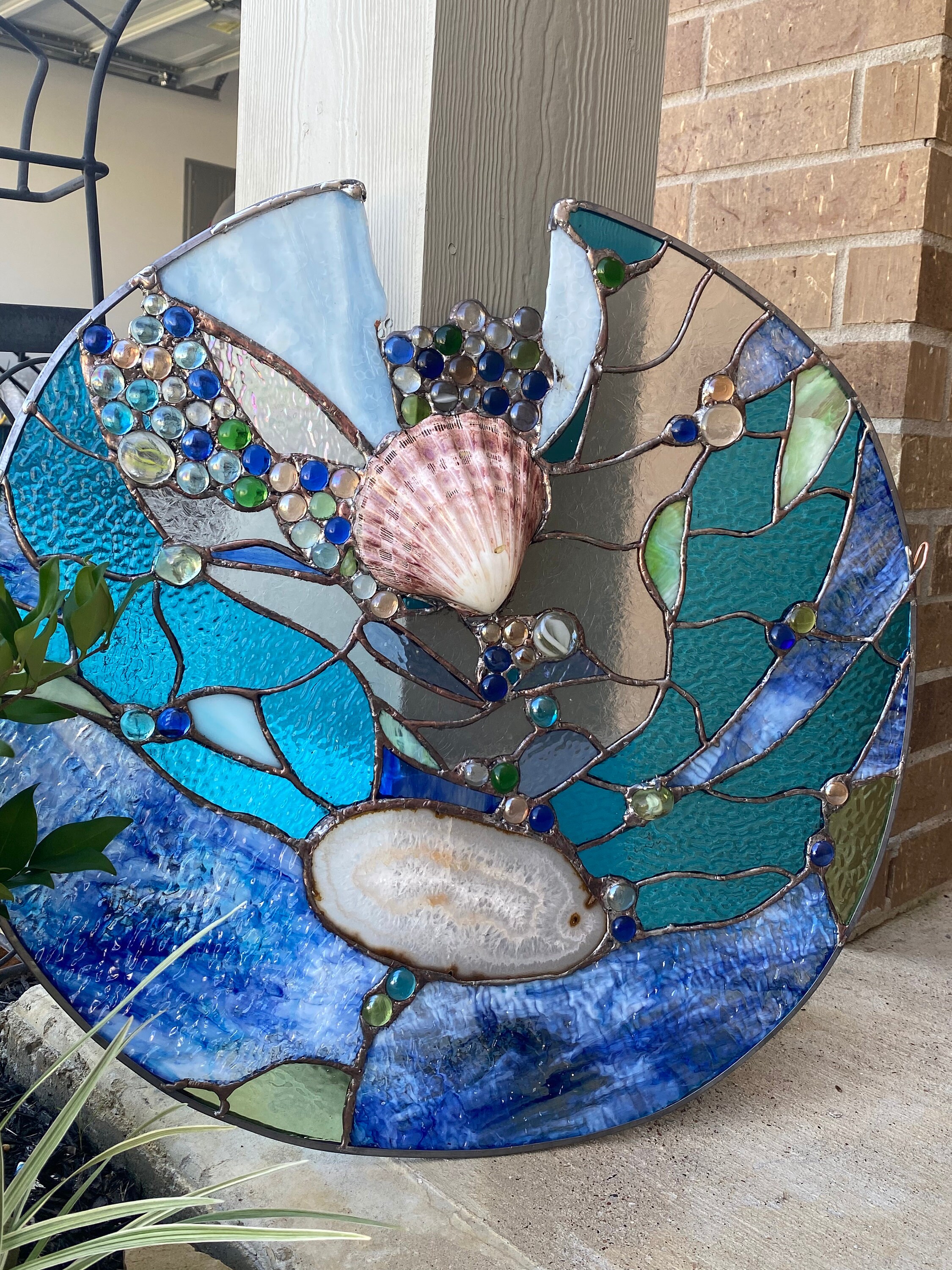 Stained Glass Nautical Panel W Sea Shell and Brazilian Agate - Etsy
