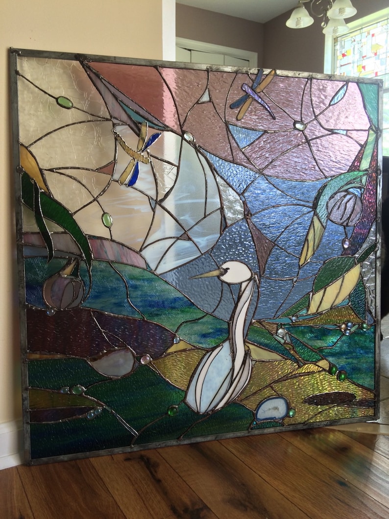 Stained Glass Window Egret Marsh Transom Panel W Agates - Etsy