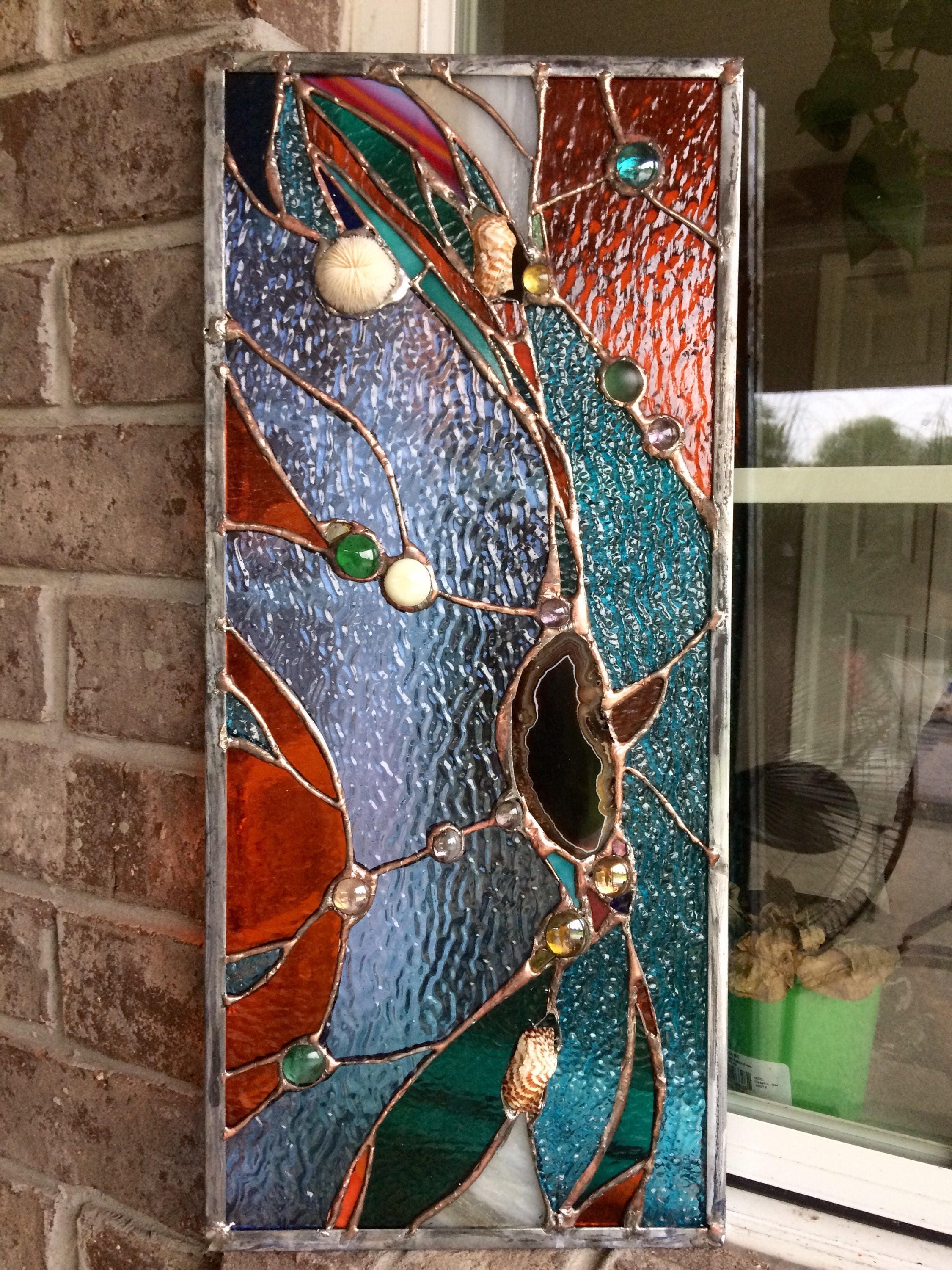 Stained Glass Panel Ocean Sea Shells Brazilian Agates OOAK - Etsy