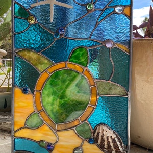 Stained Glass Sea Turtle Transom Window Suncather Oceac Panel | Etsy