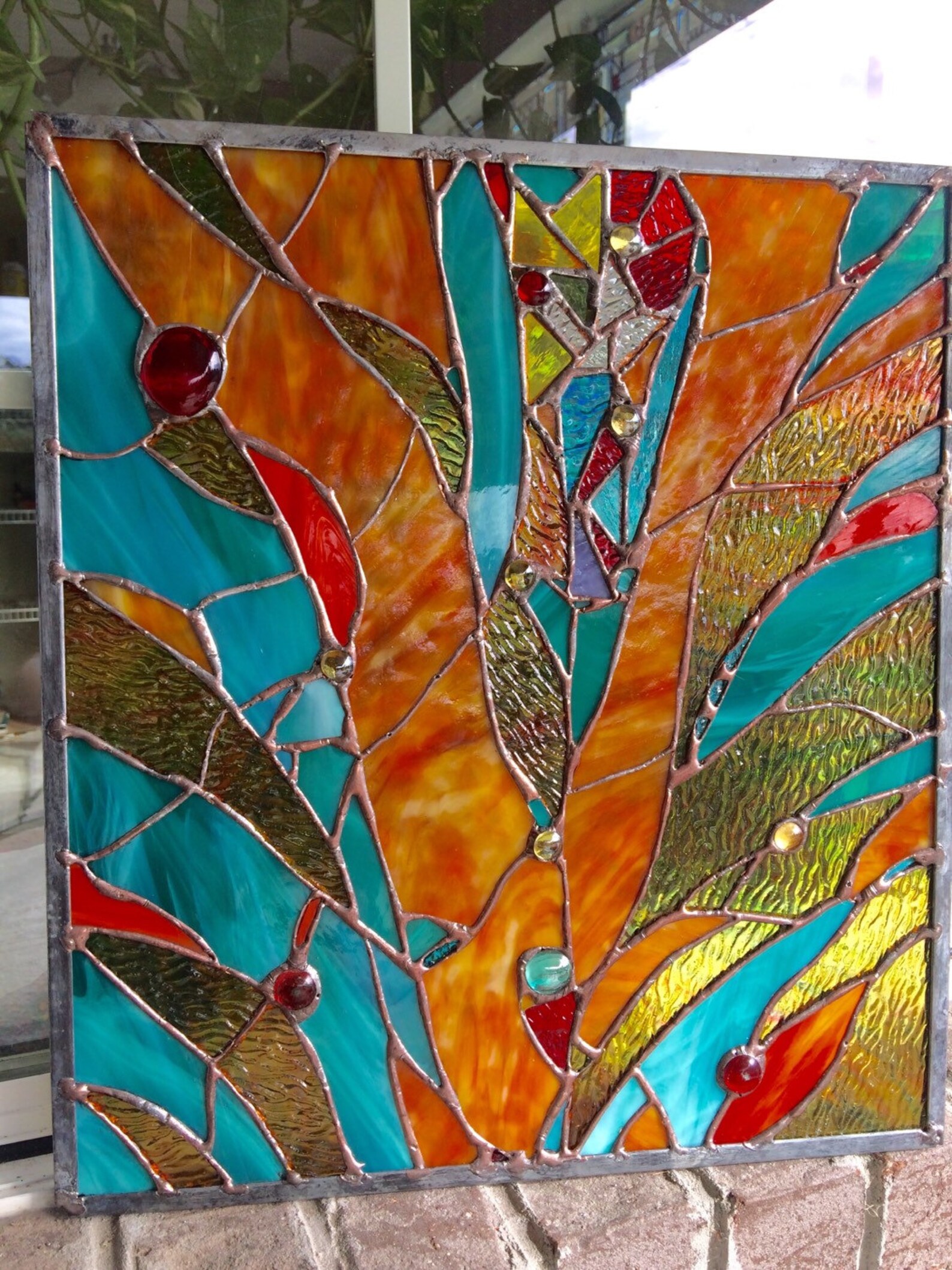 Stained Glass Panel Abstract Window Nuggets Suncatcher 15"x18" - Etsy
