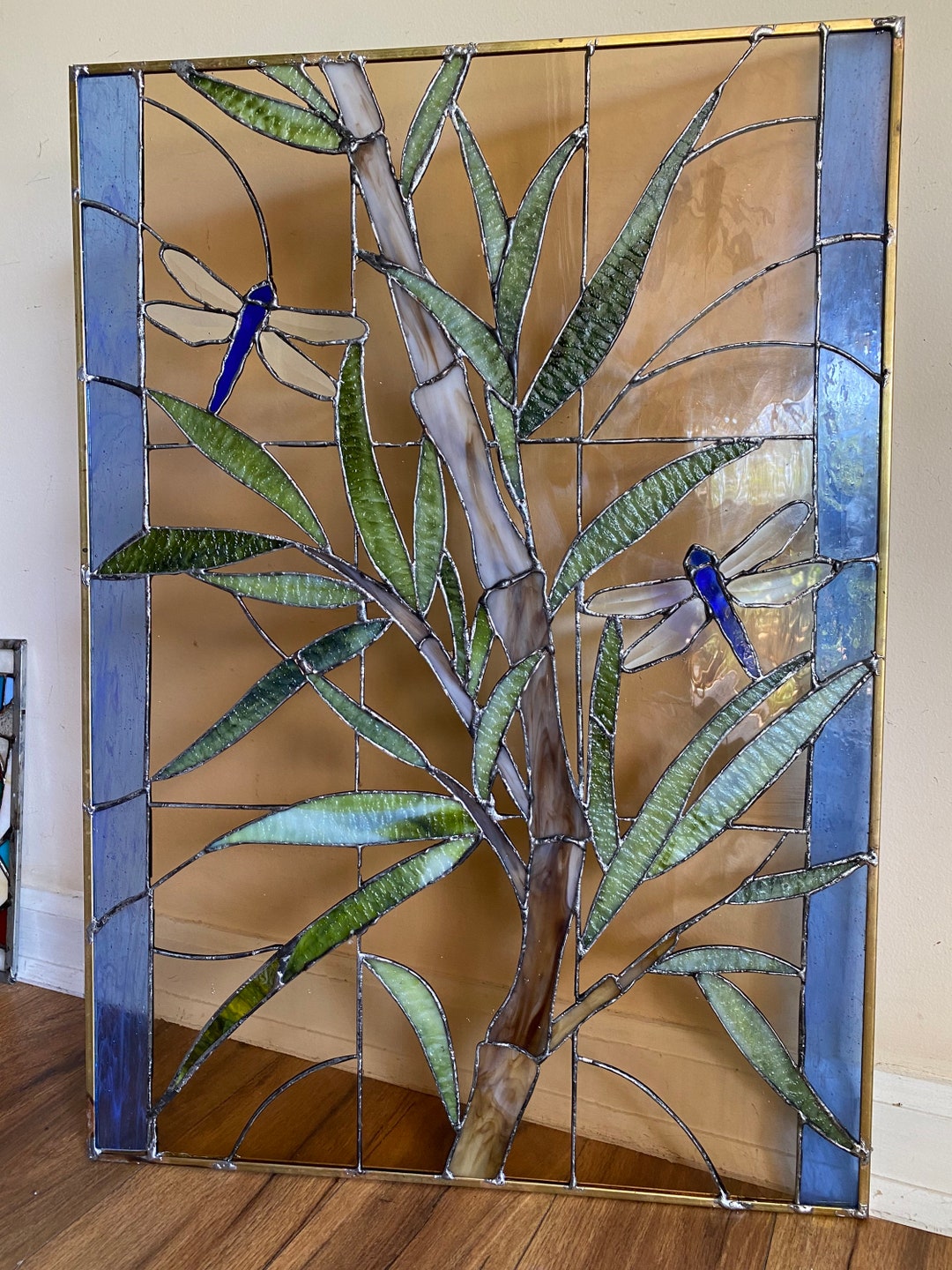 Dragonfly Bamboo Stained Glass Panel Summer Garden - Etsy