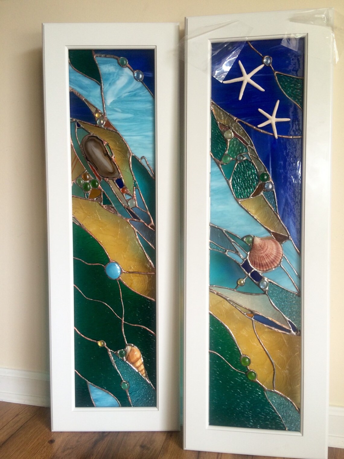 Stained Glass Panels Kitchen Cabinets Inserts With Sea Shells - Etsy