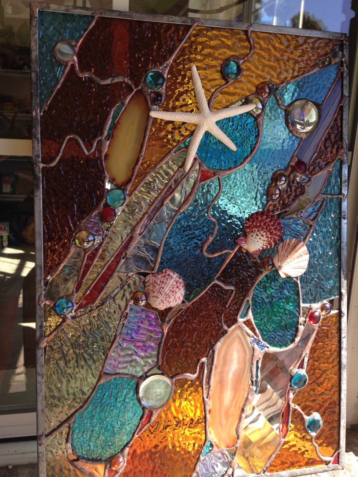 Stained Glass Tropical Fish Sea Shell Nuggets Suncatcher Nautical Panel ...