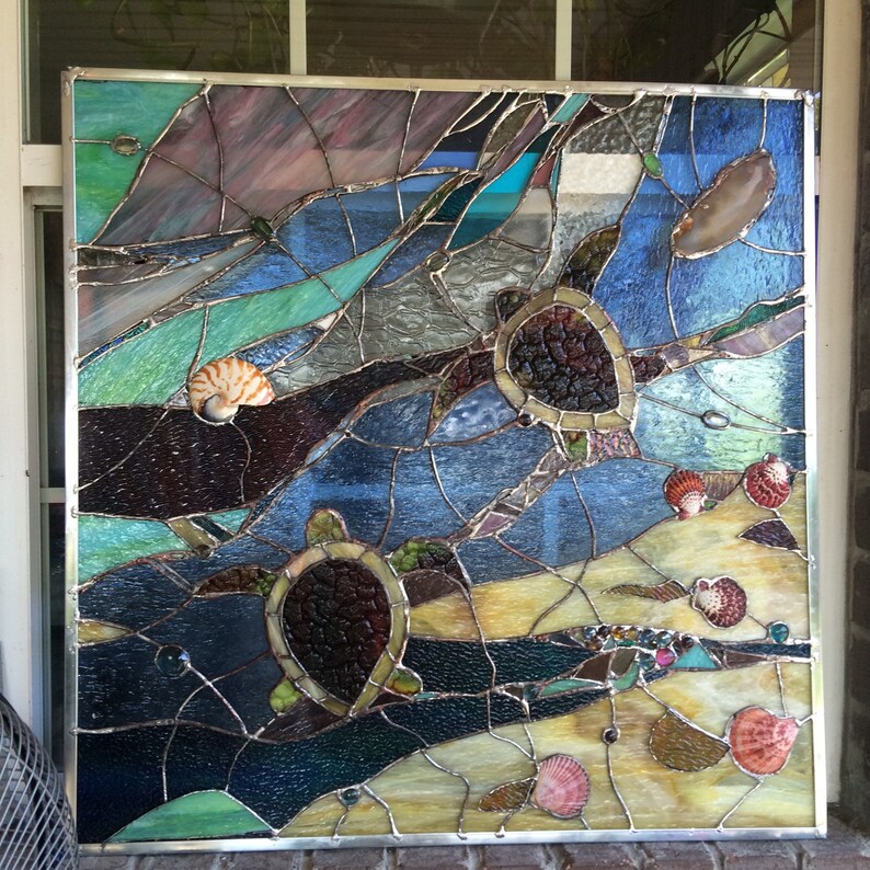 Stained Glass Window Sea Turtle Transom Panel W Agates - Etsy