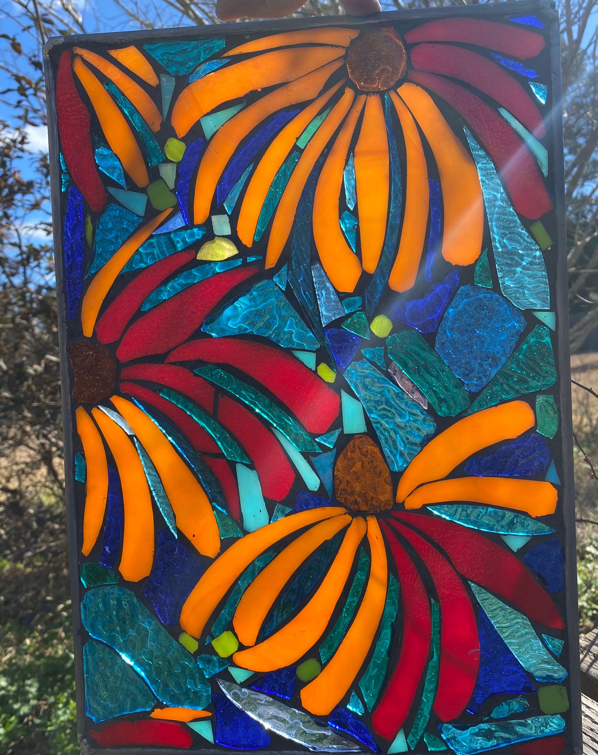 Stained Glass Mosaic Abstract Flowers Panel Window OOAK - Etsy