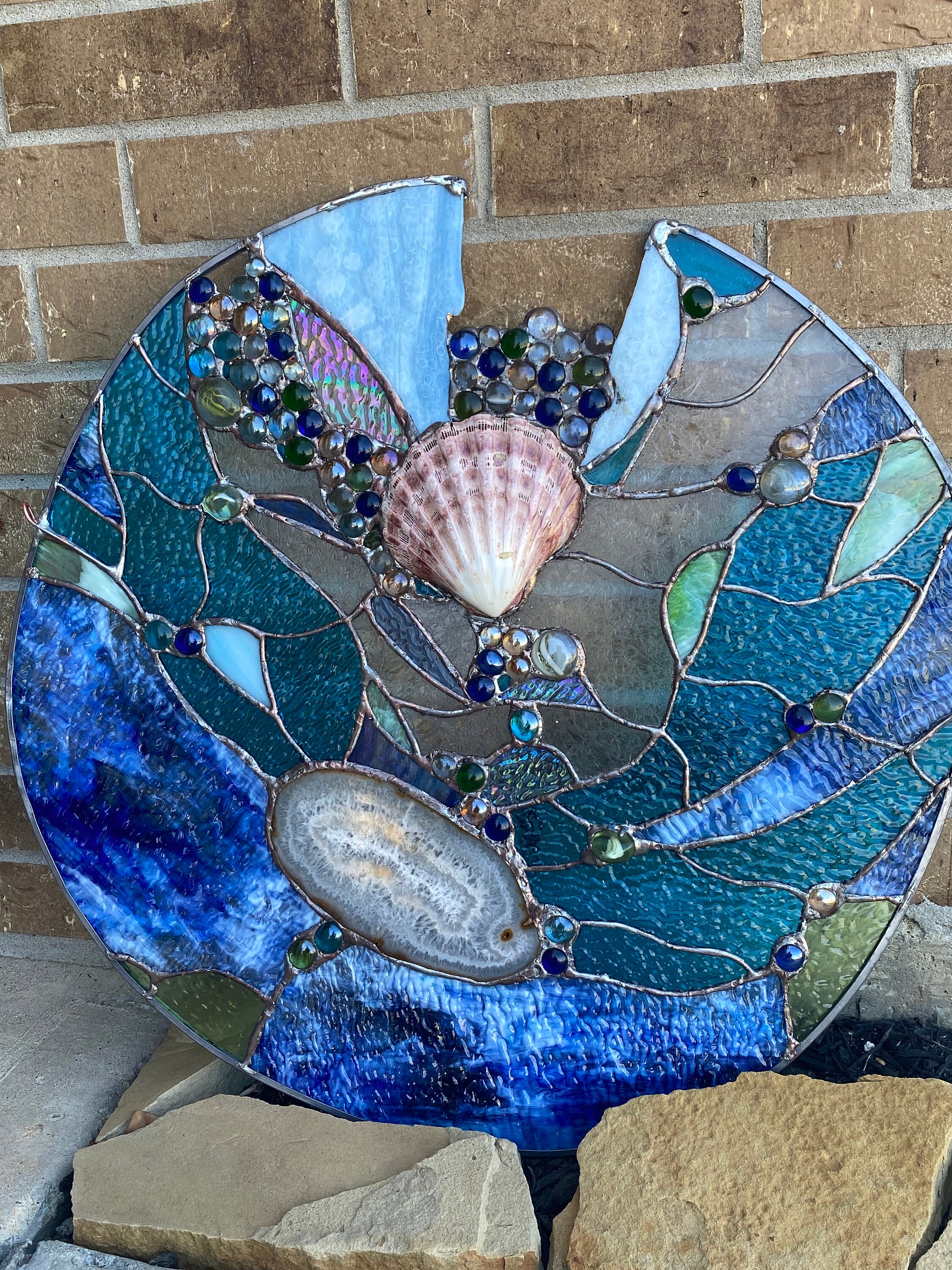 Stained Glass Nautical Panel W Sea Shell and Brazilian Agate - Etsy