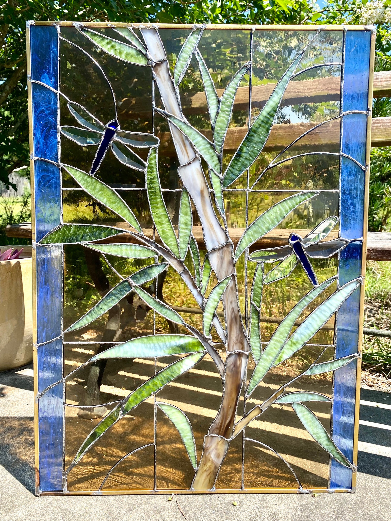 Dragonfly Bamboo Stained Glass Panel Summer Garden - Etsy