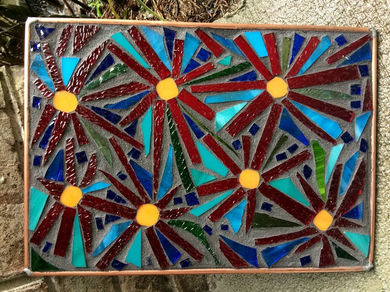 Stained Glass Mosaic Abstract Flowers Panel Window OOAK - Etsy