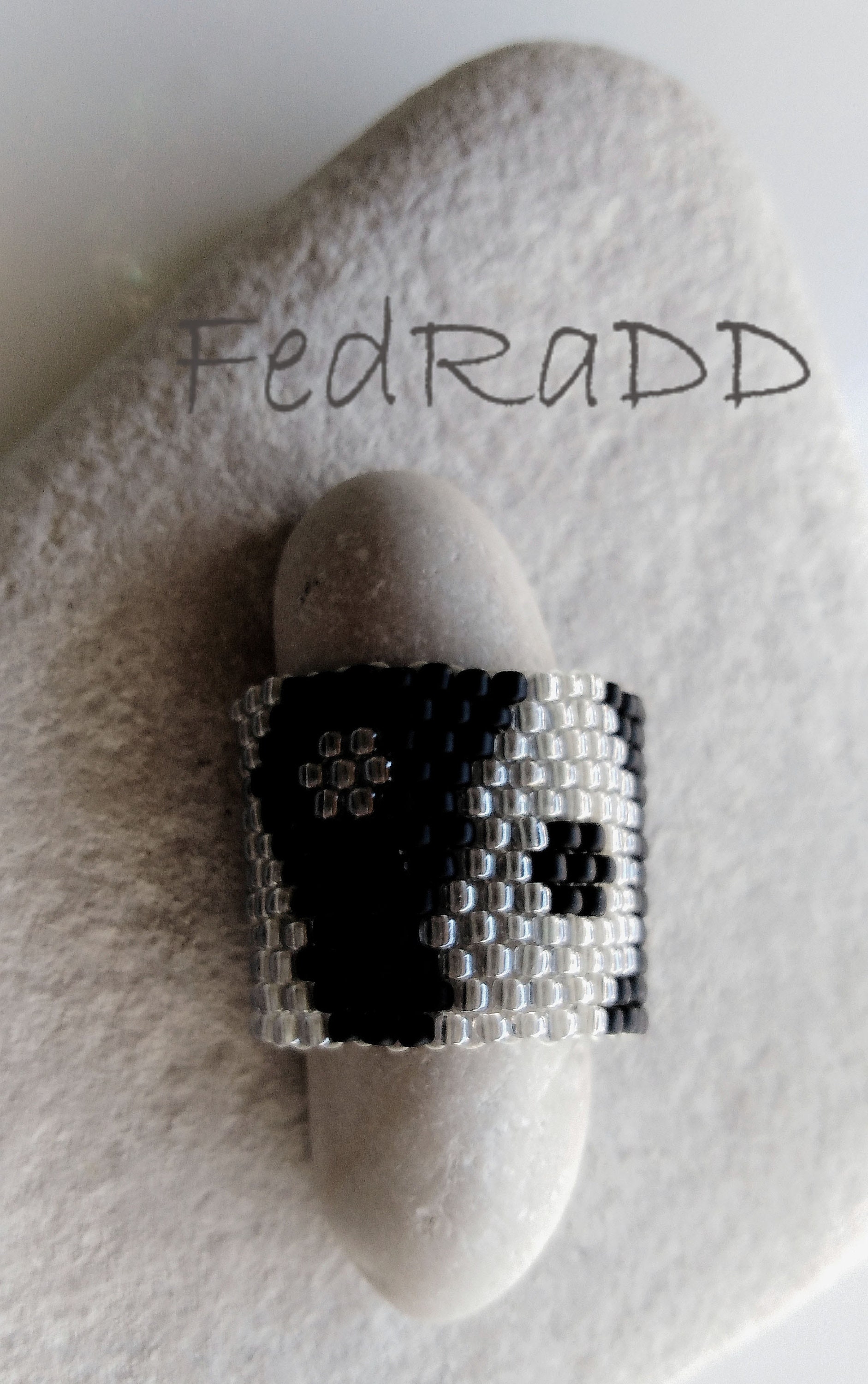 Ring, String Beads, Peyote Style, Black and White Yin Yang Symbol ...